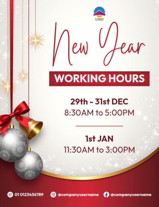 New Year Working Hours Notice Holiday Schedule Business Opening Times ...