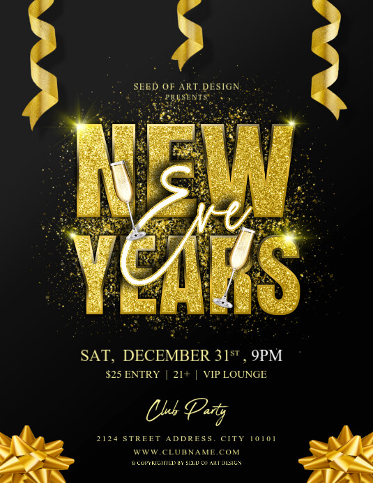 New Years Eve Club Party Event Gold & Black Champagne Glass Flyer Template | PosterMyWall