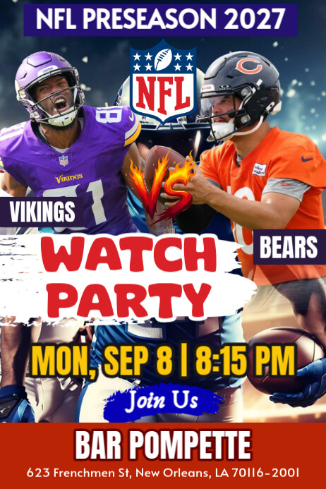 Plantilla de NFL 2025: Vikings Vs Bears Preseason Watch Party Poster ...