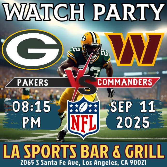 Plantilla de Nfl Regular Season 2025 Pakers Vs Commanders Watch Party ...