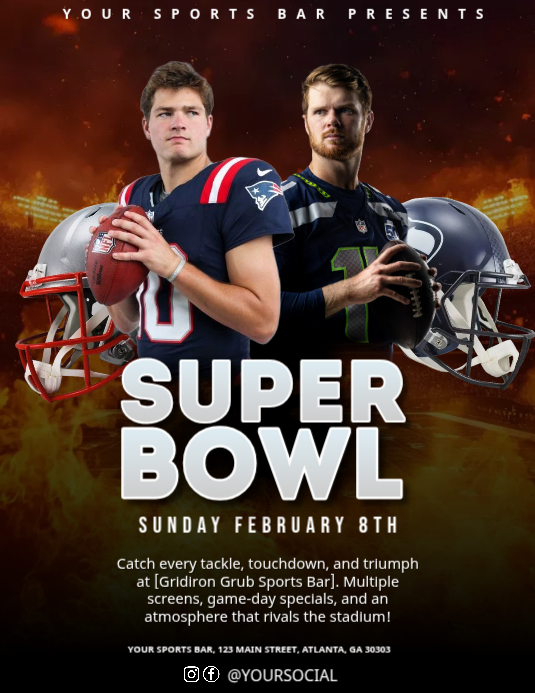 NFL seahawks vs patriots, super bowl flyer design Template | PosterMyWall