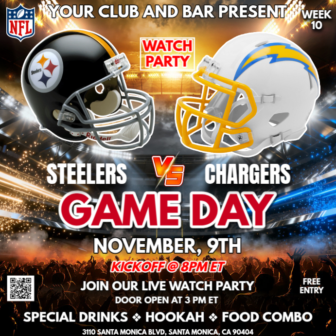 NFL Week 10: Pittsburgh Steelers @ Los Angeles Chargers Watch Party ...