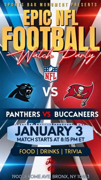 NFL Week 18: Carolina Panthers at Tampa Bay Buccaneers Watch Party ...