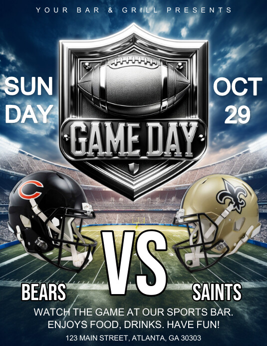NFL Week 9 2023 GAME DAY FLYER BEARS VS SAINT Template | PosterMyWall
