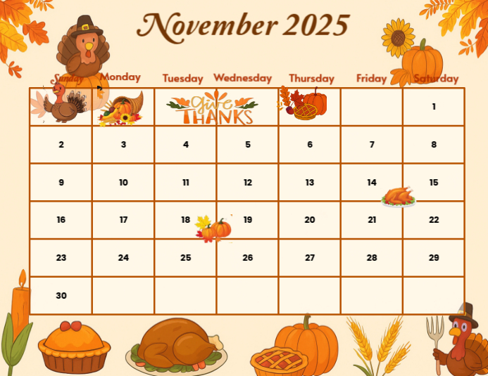 November 2025 Thanksgiving Calendar Flyer Template | PosterMyWall