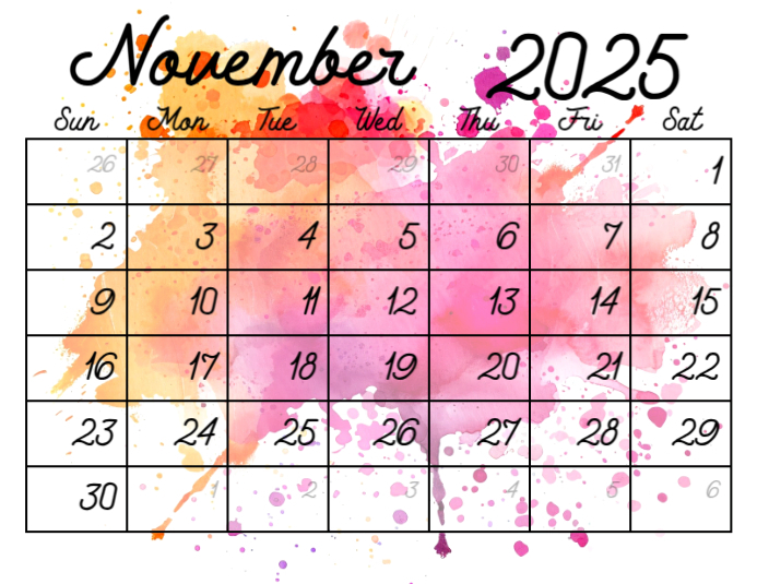 Plantilla de November 2025 Watercolor Landscape Horizontal Calendar ...