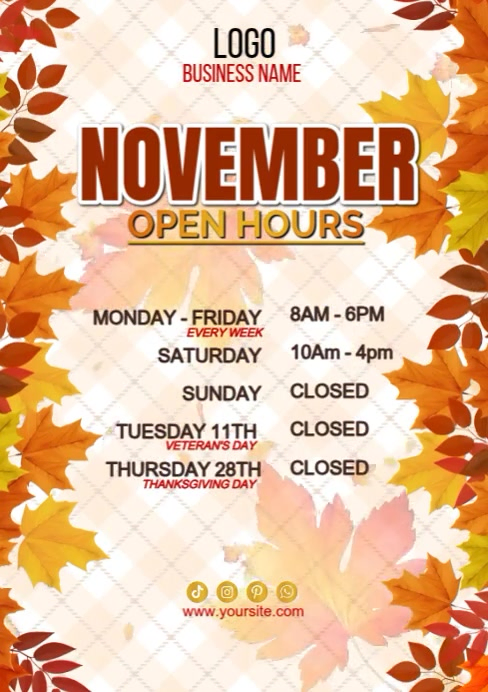 November Opening Hours Announcement Video Flyer/Poster Template ...