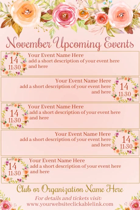 November Shabby Chic Upcoming Events Calendar Template | PosterMyWall