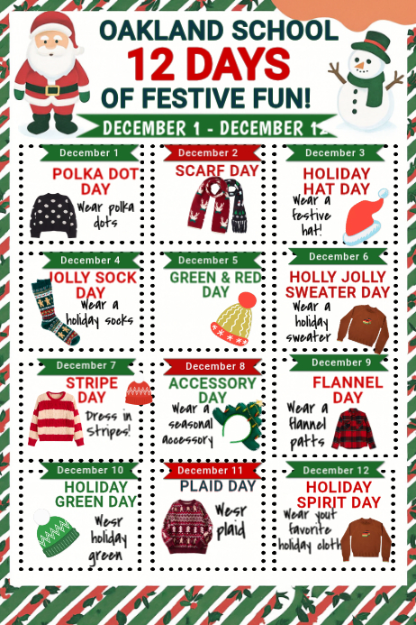 Oakland School 12 Days of Festive Fun – Holiday Spirit Week Poster ...