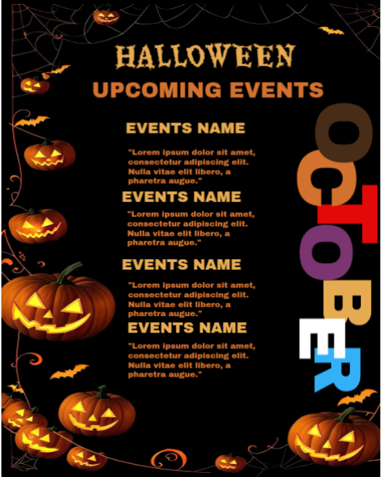 October upcoming events schedule flyer Template | PosterMyWall