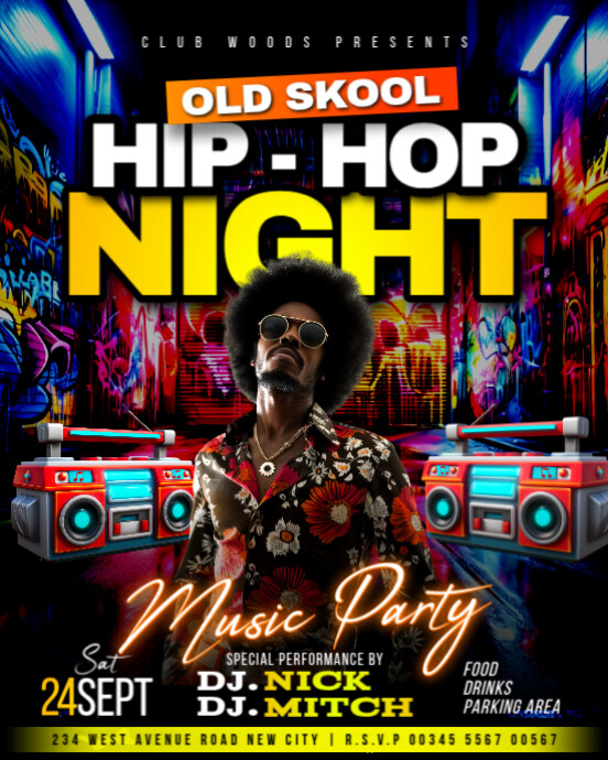 Oldskool hiphop 90s vintage retro rap night club event invitation ...
