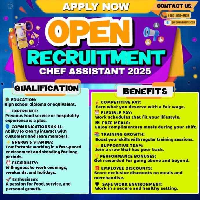 Open Recruitment Chef Assistant FLyer Template | PosterMyWall