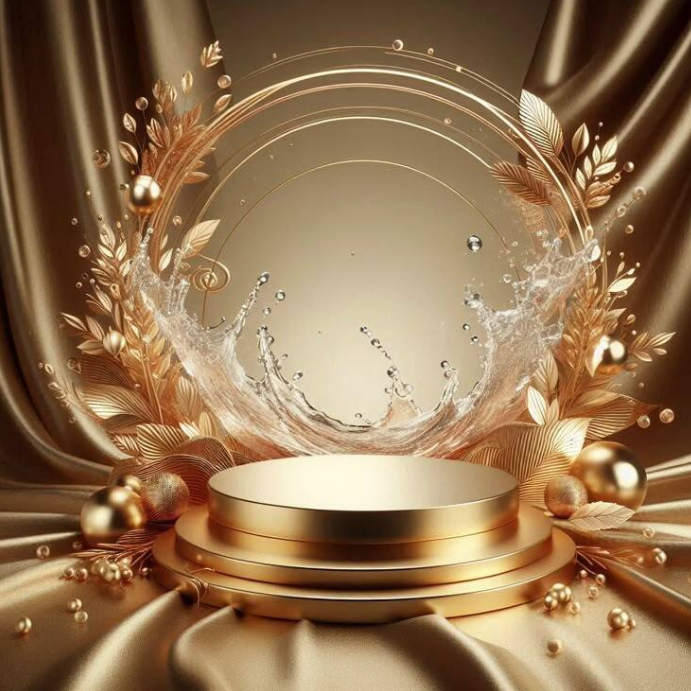 Opulent Gold Satin Product Stage with Water Splash & Laurel Template ...