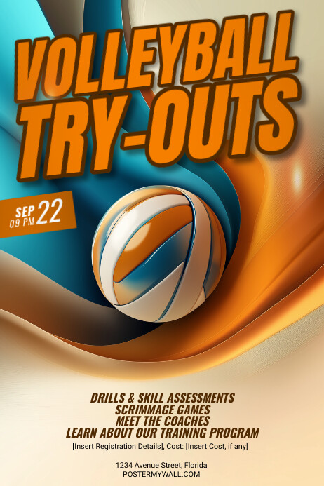 Orange 3d Volleyball Try-outs Poster Template | PosterMyWall