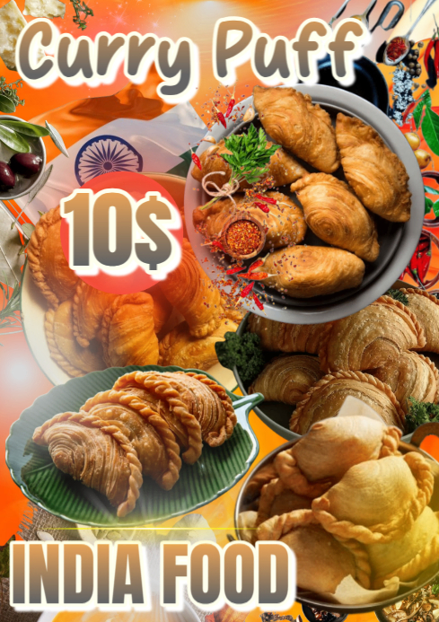 Plantilla de Orange Abstract Curry Puff India Food A4 | PosterMyWall