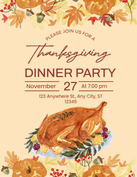 Orange and Brown Watercolor Thanksgiving Dinner Party Invitation 2025 ...