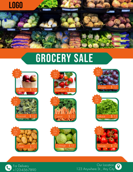Plantilla de Orange And Green Modern Grocery Sale Flyer | PosterMyWall