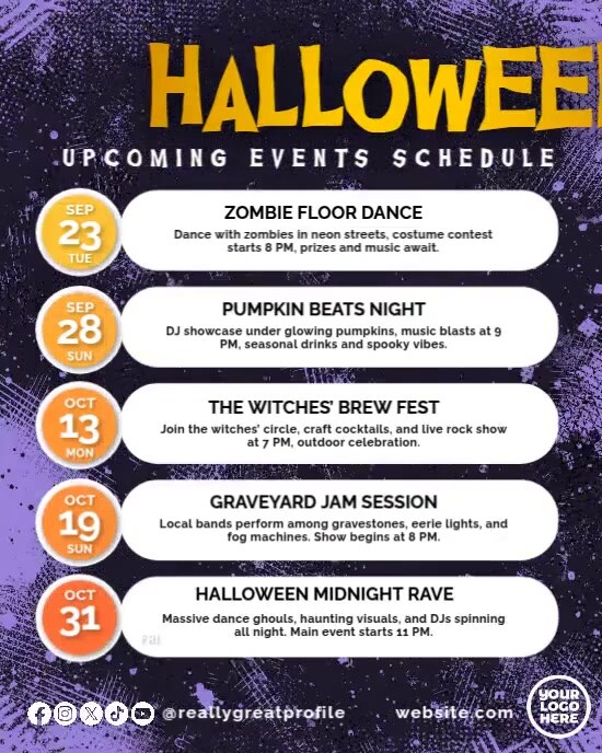 Orange and Purple Halloween Schedule Template Upcoming Events Video ...