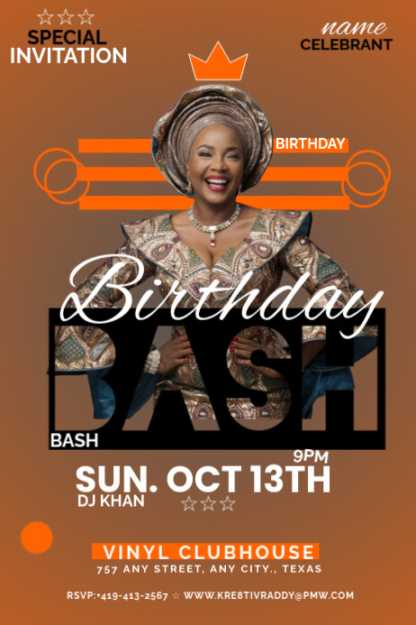 Orange Birthday Bash Invitation Poster Template | PosterMyWall