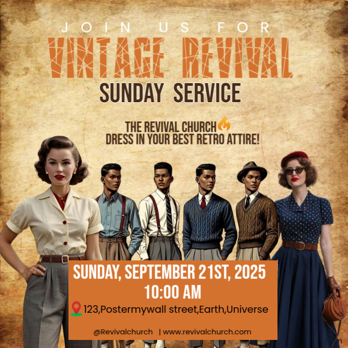 Orange Collage Vintage Sunday Service Flyer Design Template Instagram ...