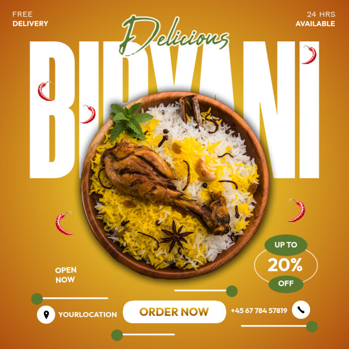 Orange Delicious Biryani Food Flyer Square (1:1) Template | PosterMyWall