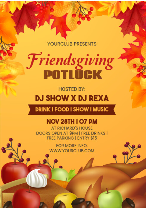 Orange Floral Friendsgiving Potluck Invitation Flyer A4 Template ...
