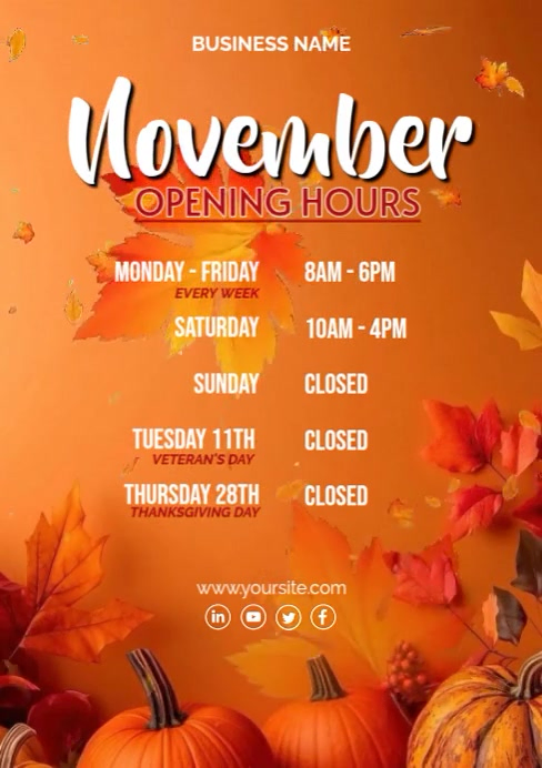 Orange Floral November Opening Hours Announcement Video Flyer/poster ...