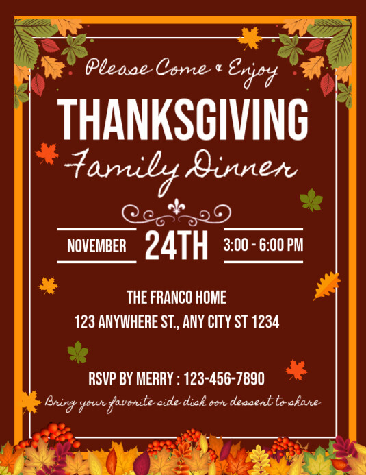 Orange Floral Patern Thanksgiving Family Dinner Invitation Flyer ...