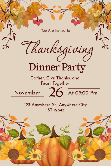 Orange Floral Thanksgiving Party Poster Template | PosterMyWall