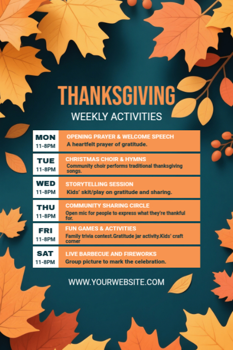 Orange Floral Thanksgiving Weekly Activities Poster Template | PosterMyWall