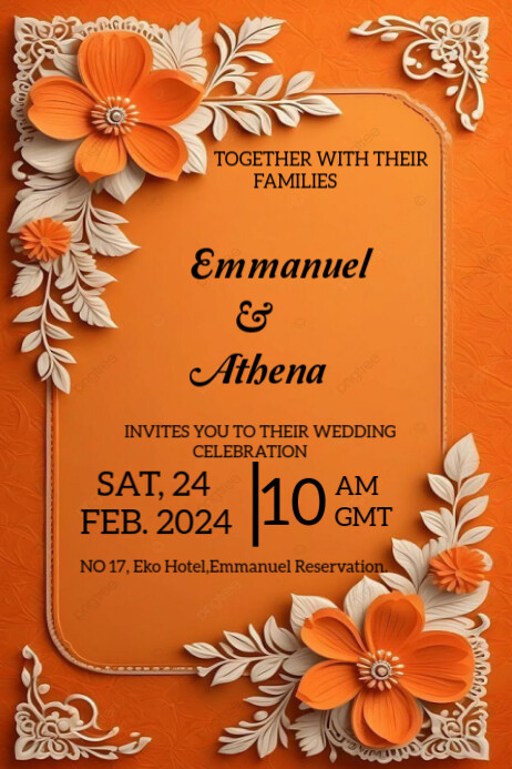 Orange Floral Wedding Invitation Flyer Poster Template | PosterMyWall