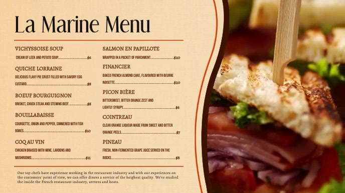 Plantilla de Orange french menu template video | PosterMyWall