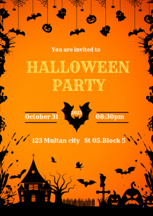 Orange Futuristic 31 October Halloween Night Party A6 Template ...
