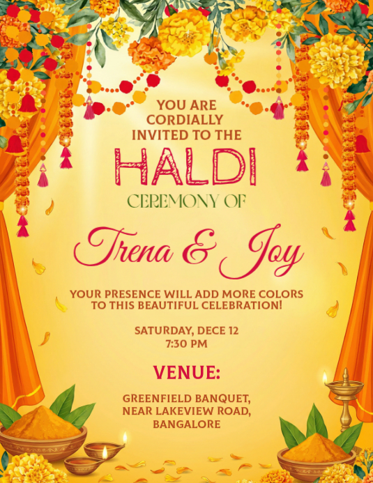 Orange Haldi Ceremony Invitation Flyer Template | PosterMyWall
