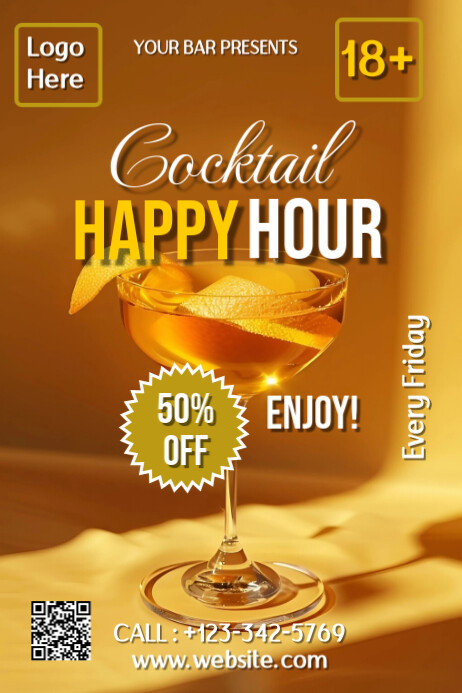 Copy of Orange Illustrative Cocktail Happy Hour Poster | PosterMyWall