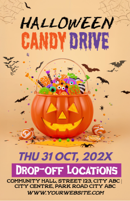 Orange Illustrative Halloween Candy Drive Tabloid Template | PosterMyWall