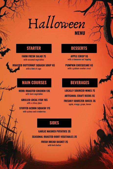 orange Illustrative Halloween Menu Poster Template | PosterMyWall