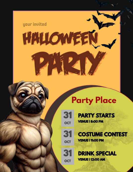 Orange Illustrative Halloween Pug Were Wolf F Template | PosterMyWall