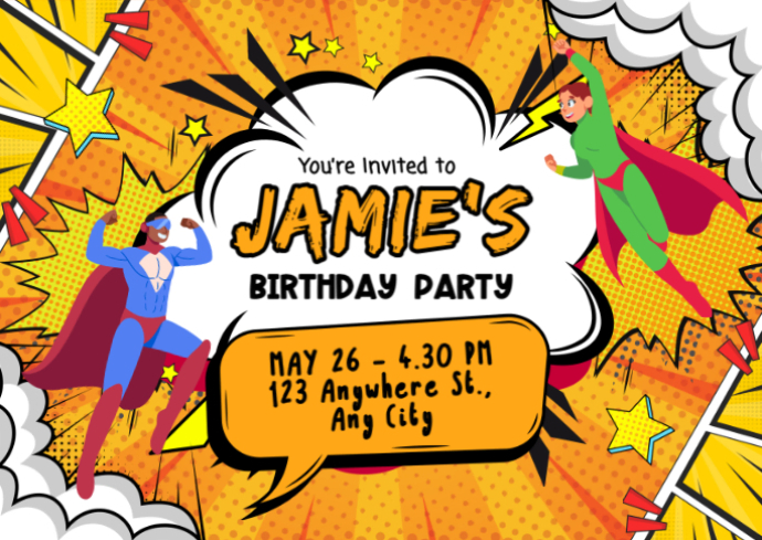 Orange Ilustratif Super Heroes Birthday Party Invitation A6 Template ...