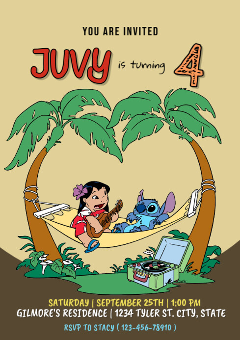 Orange Joyful Lilo And Stitch Birthday A4 Template | PosterMyWall