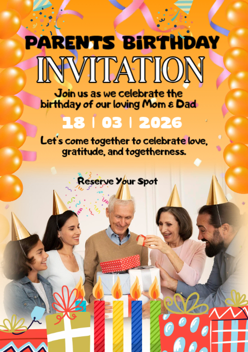 Orange Joyful Parents Birthday Invitation A1 Template | PosterMyWall
