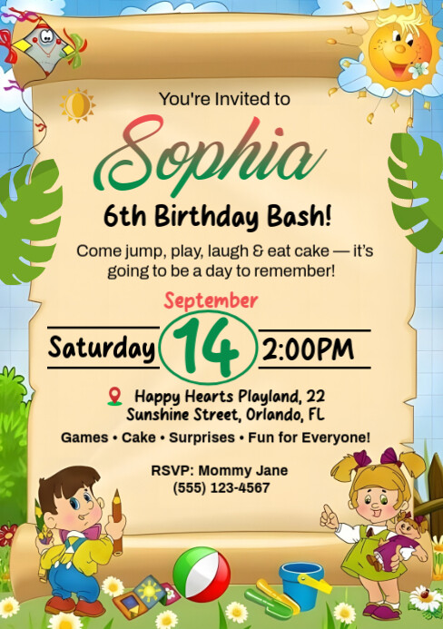 Orange Joyful Summer Kids Birthday Invitation A5 Template | PosterMyWall