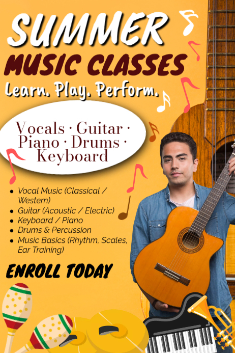 Orange Joyful Summer Music Classes Poster Template | PosterMyWall