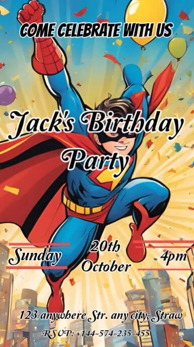 Orange Joyful Superman Themed Birthday Party Invite Digital Display (9: ...