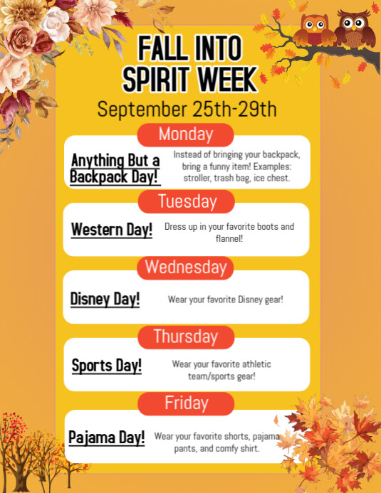 Orange List-based Fall Spirit Week Flyer (us Letter) Template ...