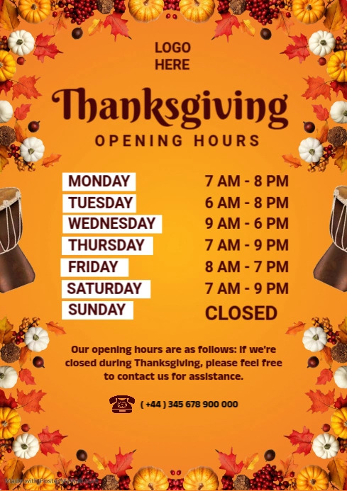 Copy of Orange List-based Thanksgiving Opening Hours A4 | PosterMyWall