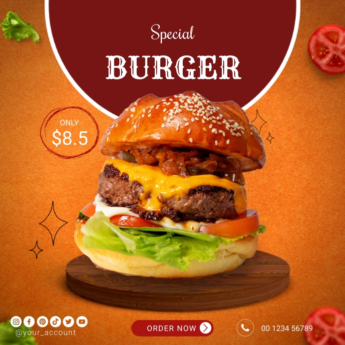 Orange maroon beef burger Instagram post temp Template | PosterMyWall