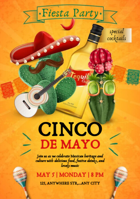 Orange Maximalist Cinco De Mayo Fiesta Party Flyer A4 Template ...