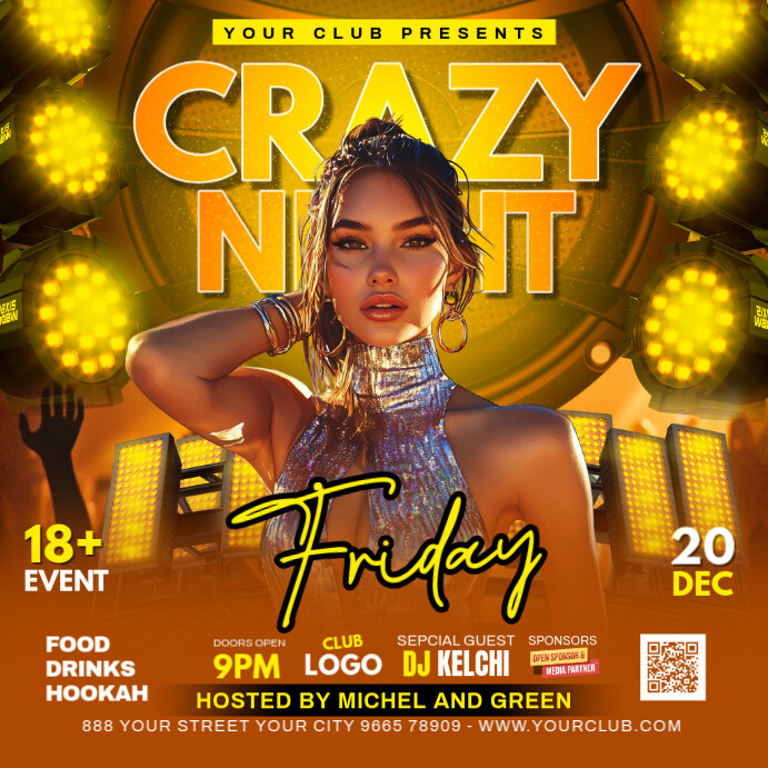 Orange Maximalist Crazy Night Friday Instagram Post Template | PosterMyWall