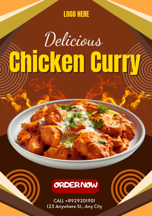 Orange Maximalist Delicious Chicken Curry A4 Template | PosterMyWall
